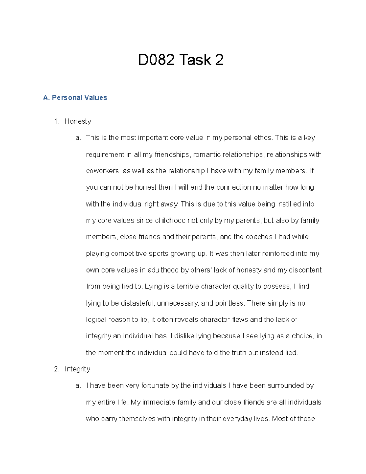 D082 Cultural and Emotional Intelligence - Task 2 - D082 Task 2 A. Personal Values Honesty a ...