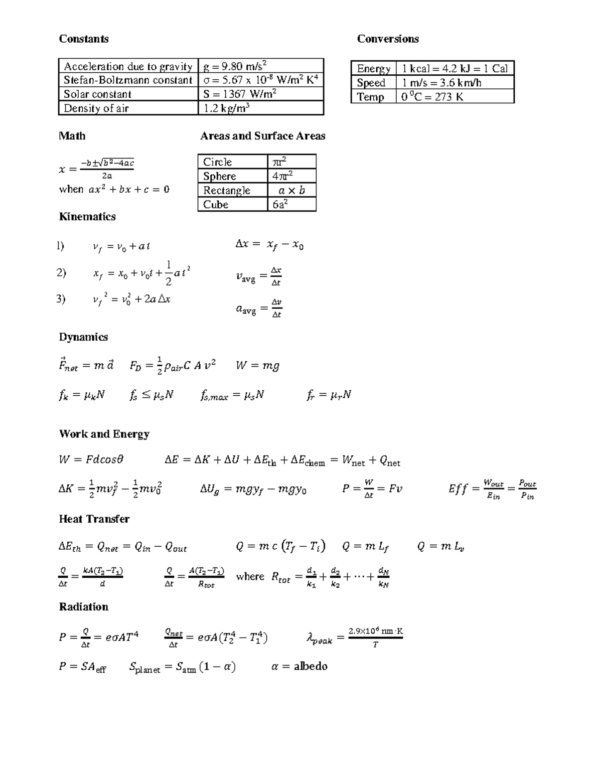 Phys 100 - Formula Sheet - 2021W1 - Constants Conversions Acceleration ...