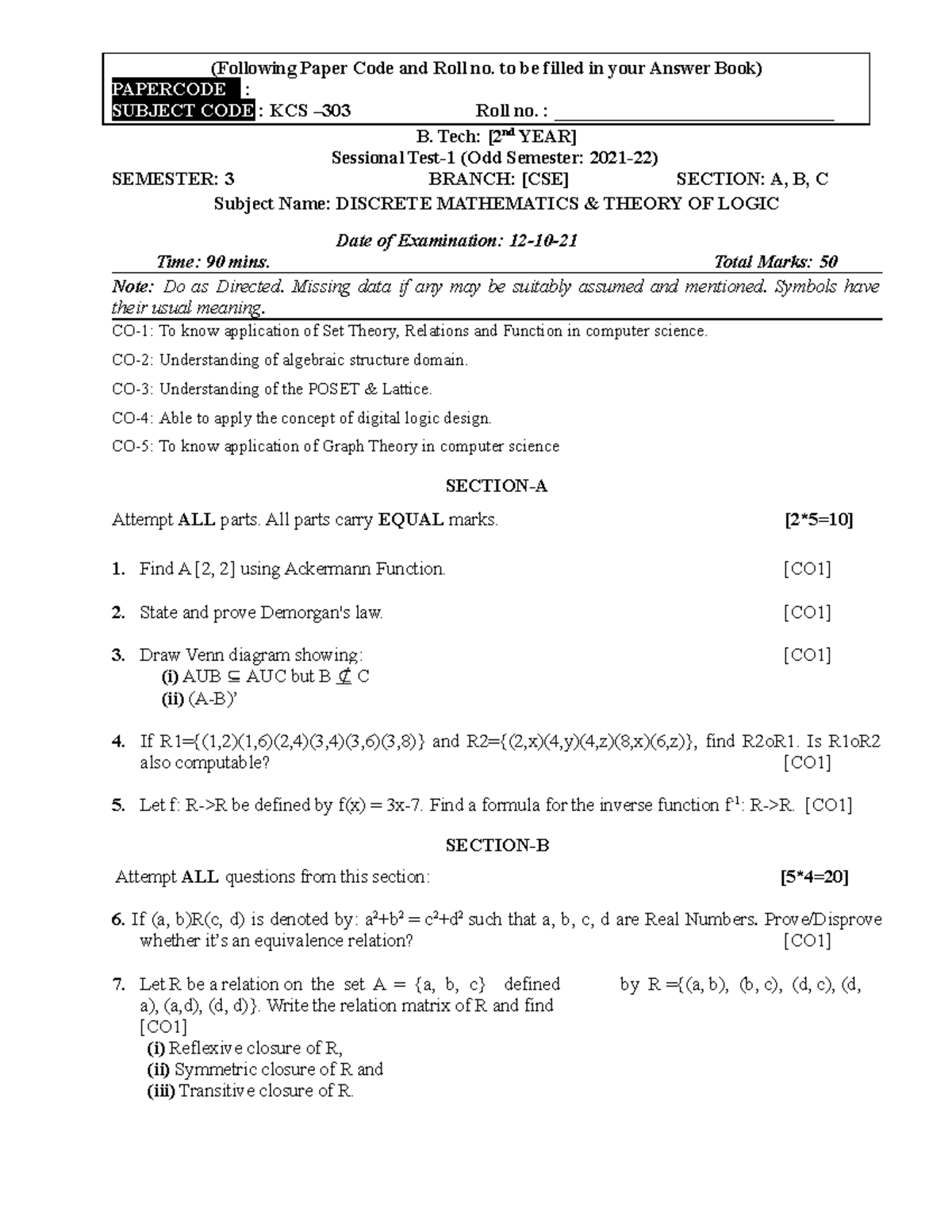 DSL ST I 2021-22 - DSL ST I 2021-22 - (Following Paper Code and Roll no ...
