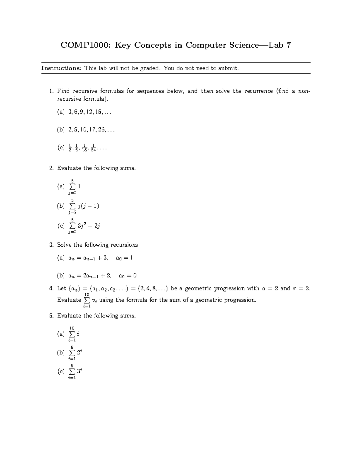 COMP 1000-Lab 7 - Recursions, summations. - COMP1000: Key Concepts in ...