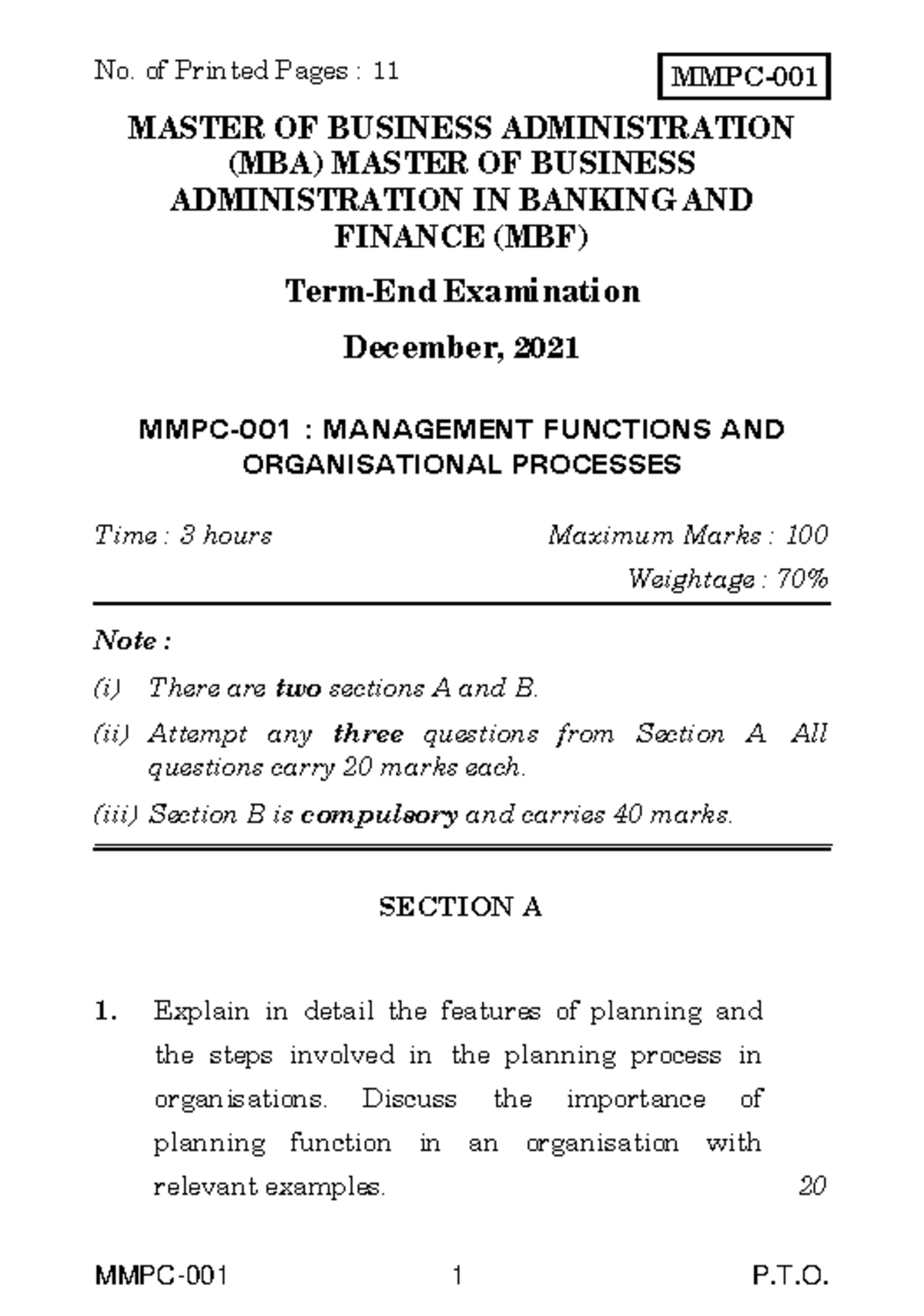 MMPC-1 - Important questions - MMPC-001 1 P.T. MMPC- MASTER OF BUSINESS ADMINISTRATION (MBA ...