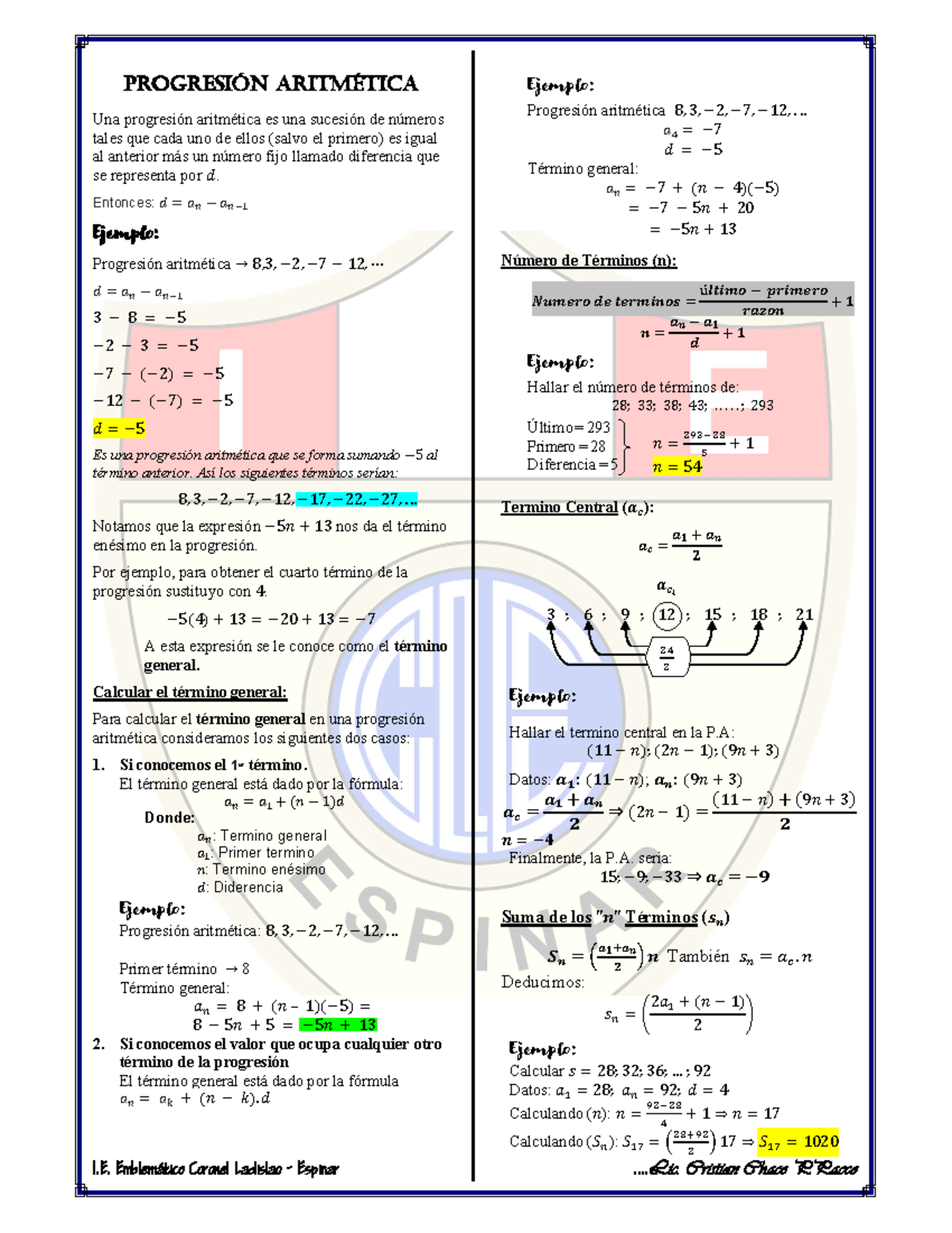 Ficha - Progresión Aritmética ( Nivel I) - - Studocu