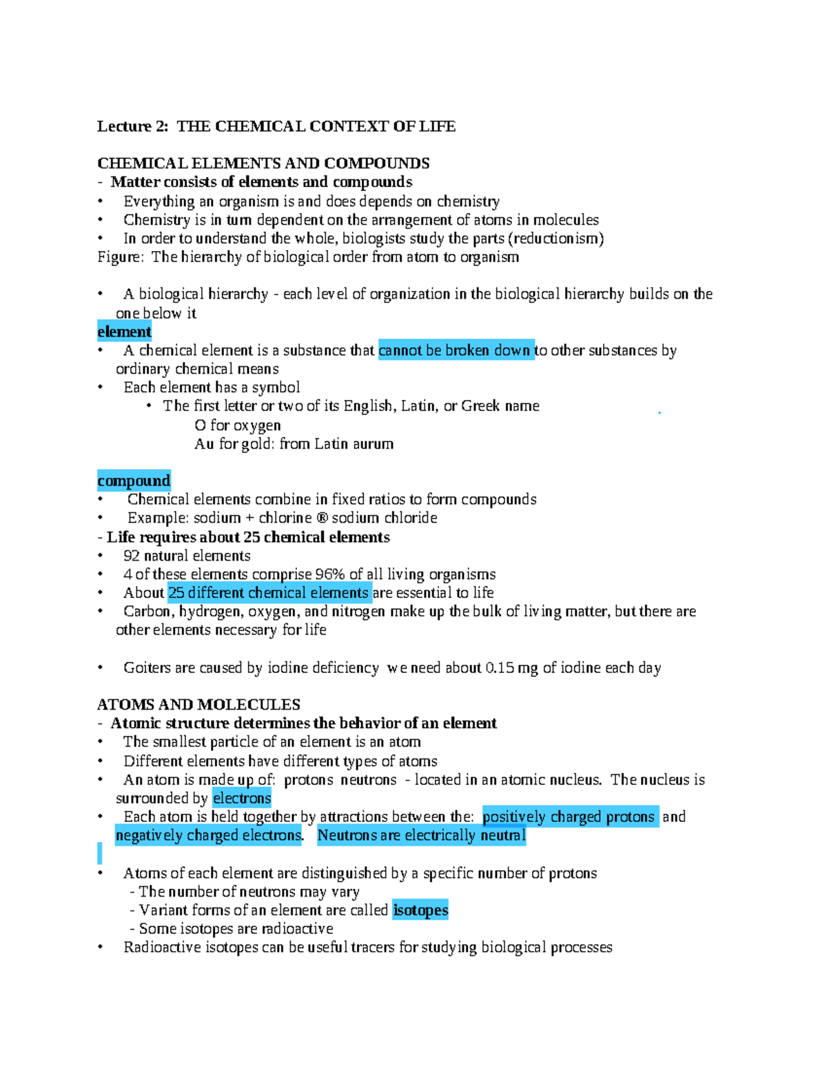 1610 Lecture 2 - Lecture 2: THE CHEMICAL CONTEXT OF LIFE CHEMICAL ...