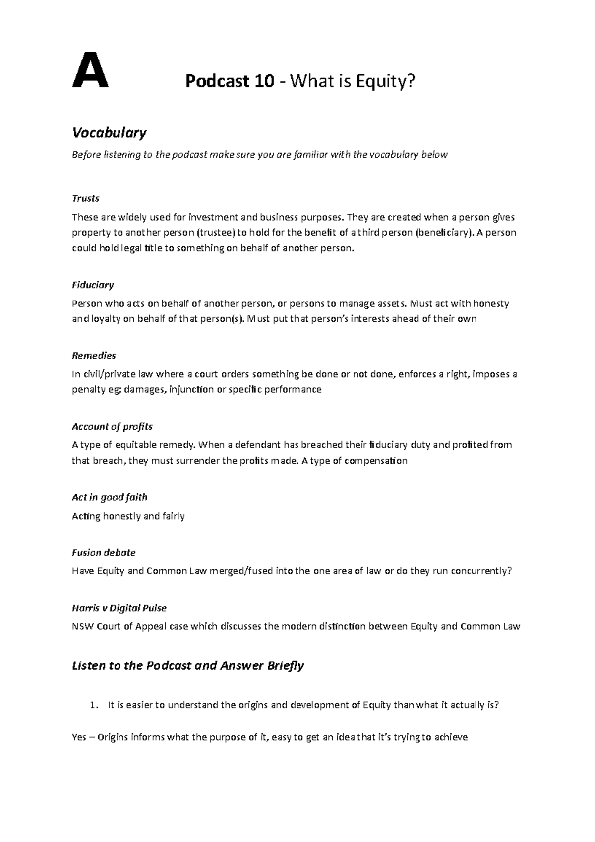 A Podcast 10 Questions Handout - A Podcast 10 - What is Equity ...