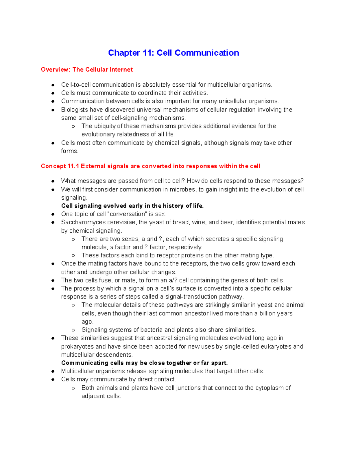 Bio 102 notes - Chapter 11: Cell Communication Overview: The Cellular ...