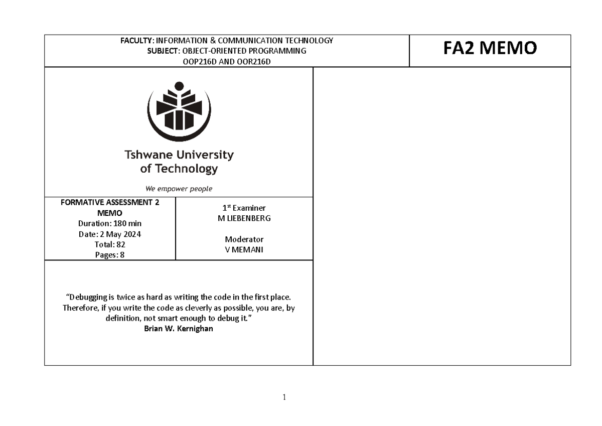OOP216D OOR216D FA2 2024S1 Memo Final vs 3 - FACULTY: INFORMATION & COMMUNICATION TECHNOLOGY ...