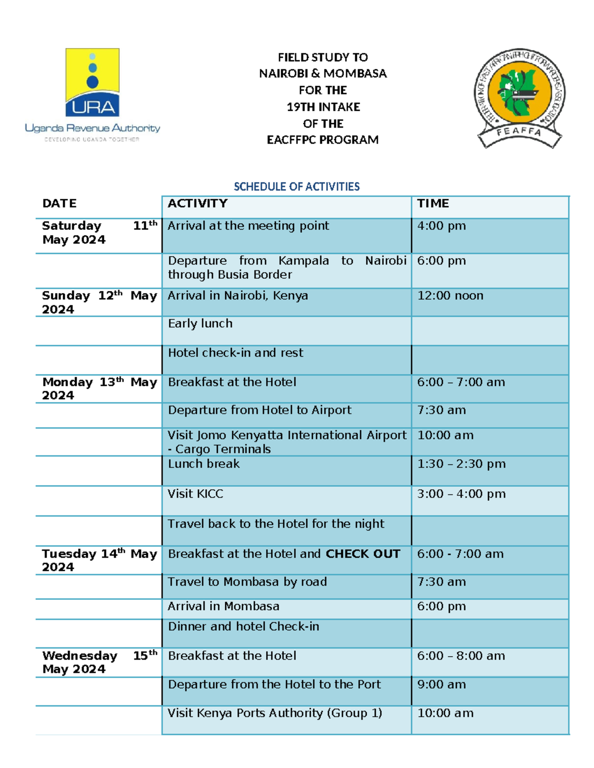 Tentative Program - FIELD STUDY TO NAIROBI & MOMBASA FOR THE 19TH ...