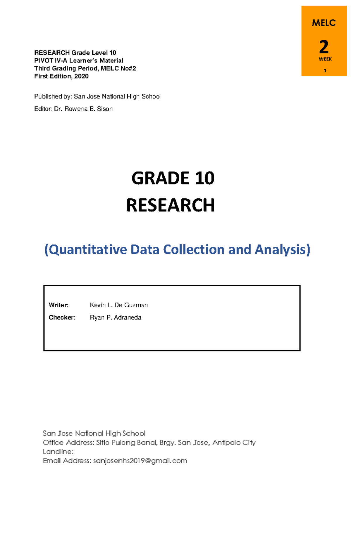 Q3 M2 R10 Quanti Data Collection - GRADE 10 RESEARCH MELC RESEARCH ...