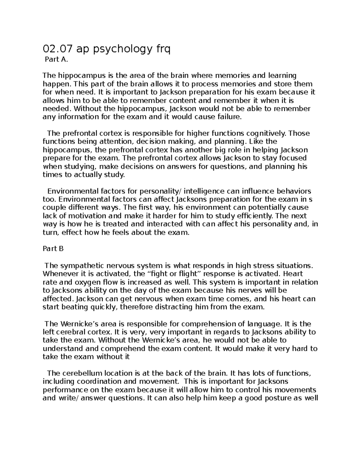 02.07 frq - frq for 2.07 - 02 ap psychology frq Part A. The hippocampus ...