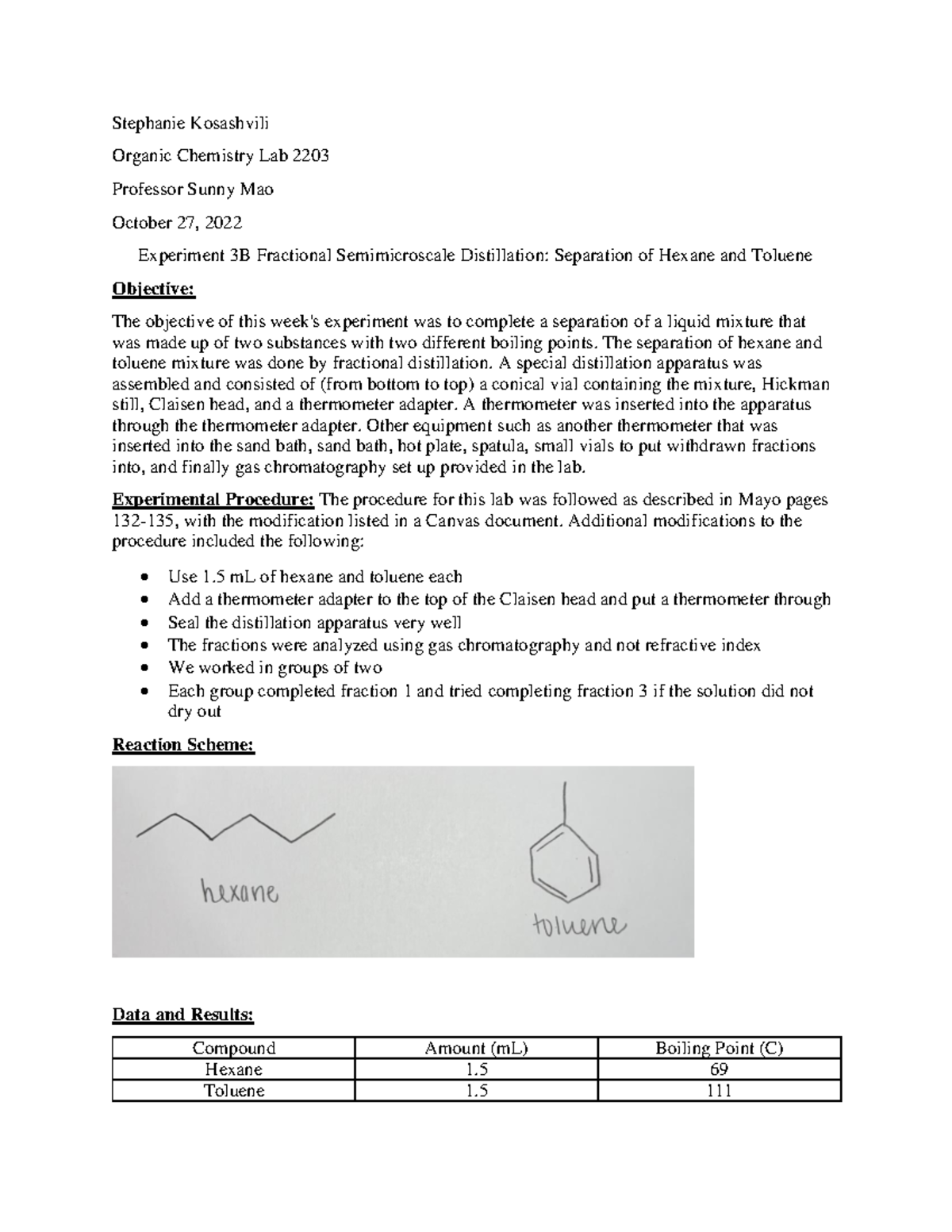 Lab 8 - 3B Fractional Semimicroscale Distillation: Separation of Hexane ...