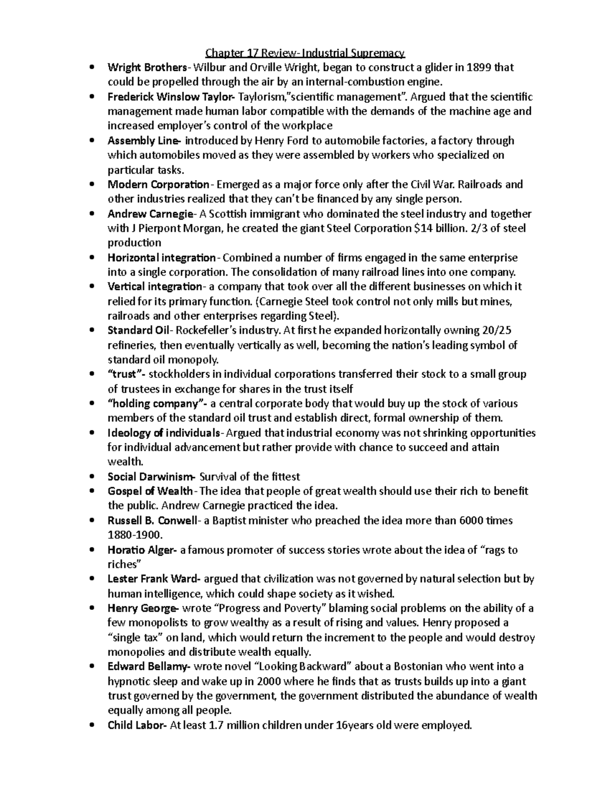 Chapter 17 and 18 Review - Chapter 17 Review- Industrial Supremacy ...
