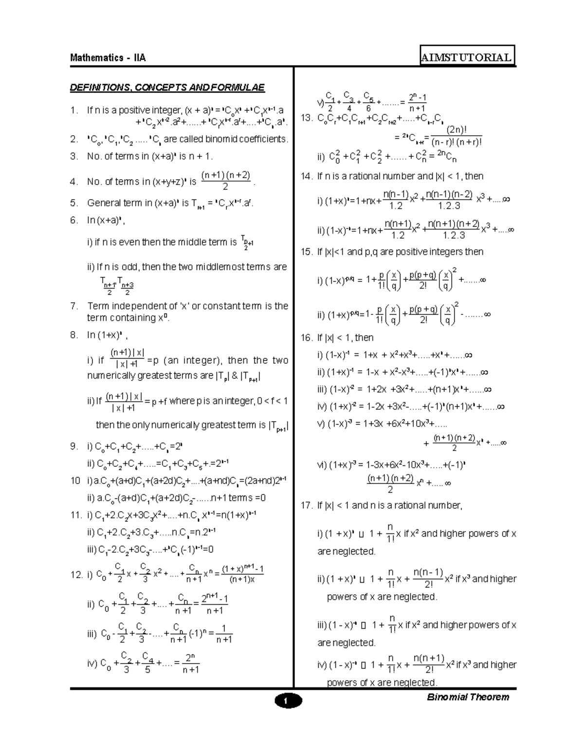 2A- Notes- Binomial- Theorem - DEFINITIONS, CONCEPTS AND FORMULAE If n ...