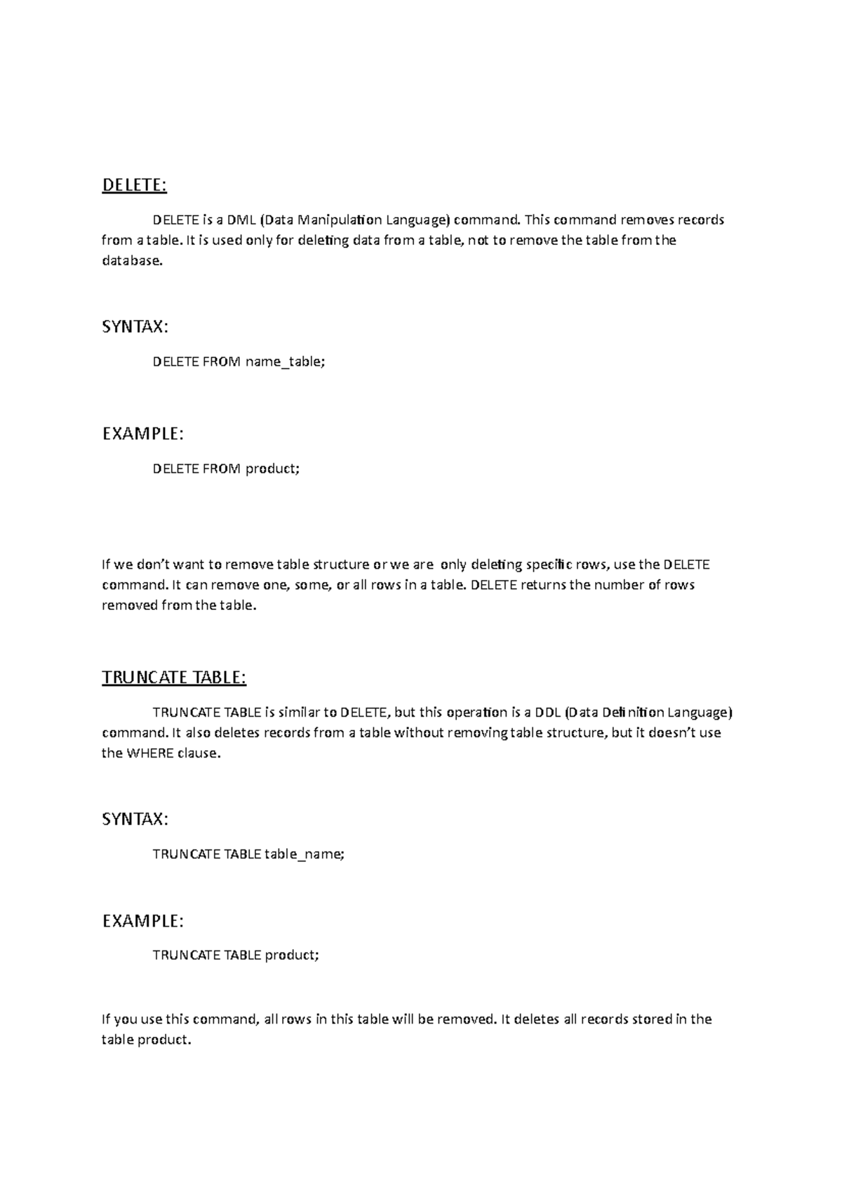 DBMS - USEME TTERIALS - DELETE: DELETE is a DML (Data Manipulation Language) command. This ...