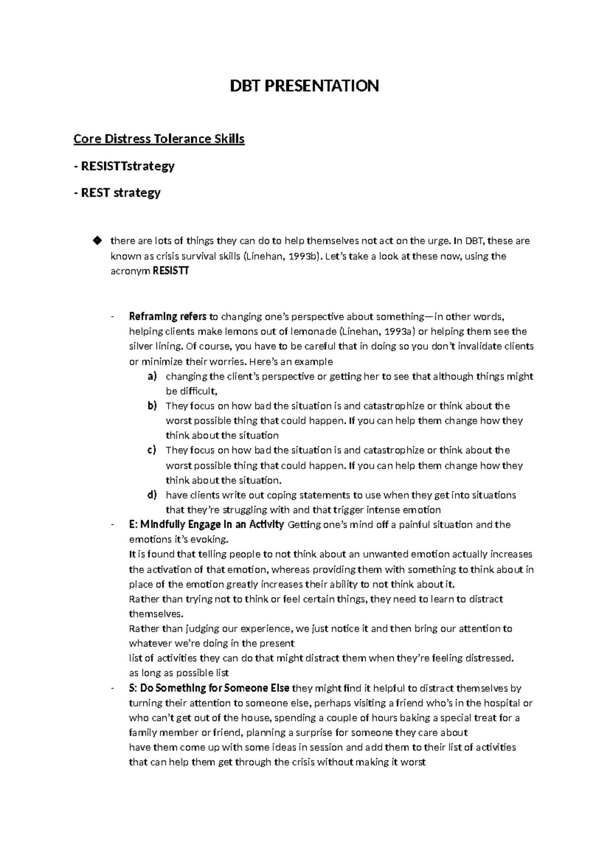 DBT Presentation - notes - DBT PRESENTATION Core Distress Tolerance ...