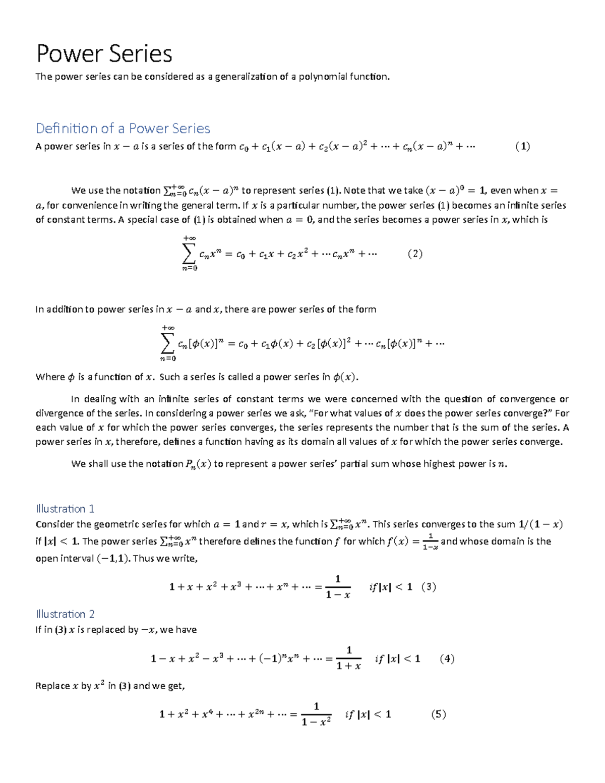 Power-Series - Notes - Power Series The power series can be considered ...