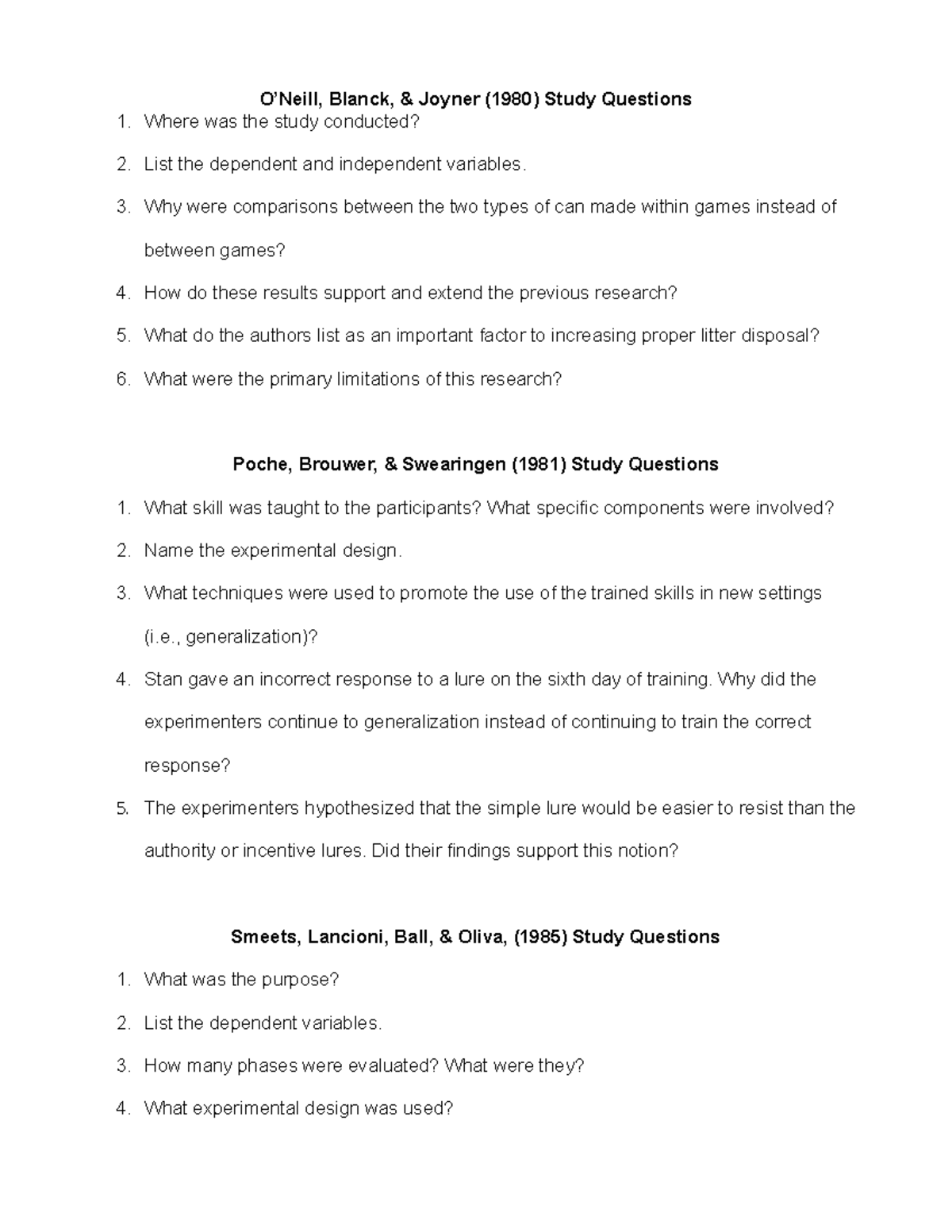 ONeill etal Study Questions - O’Neill, Blanck, & Joyner (1980) Study ...
