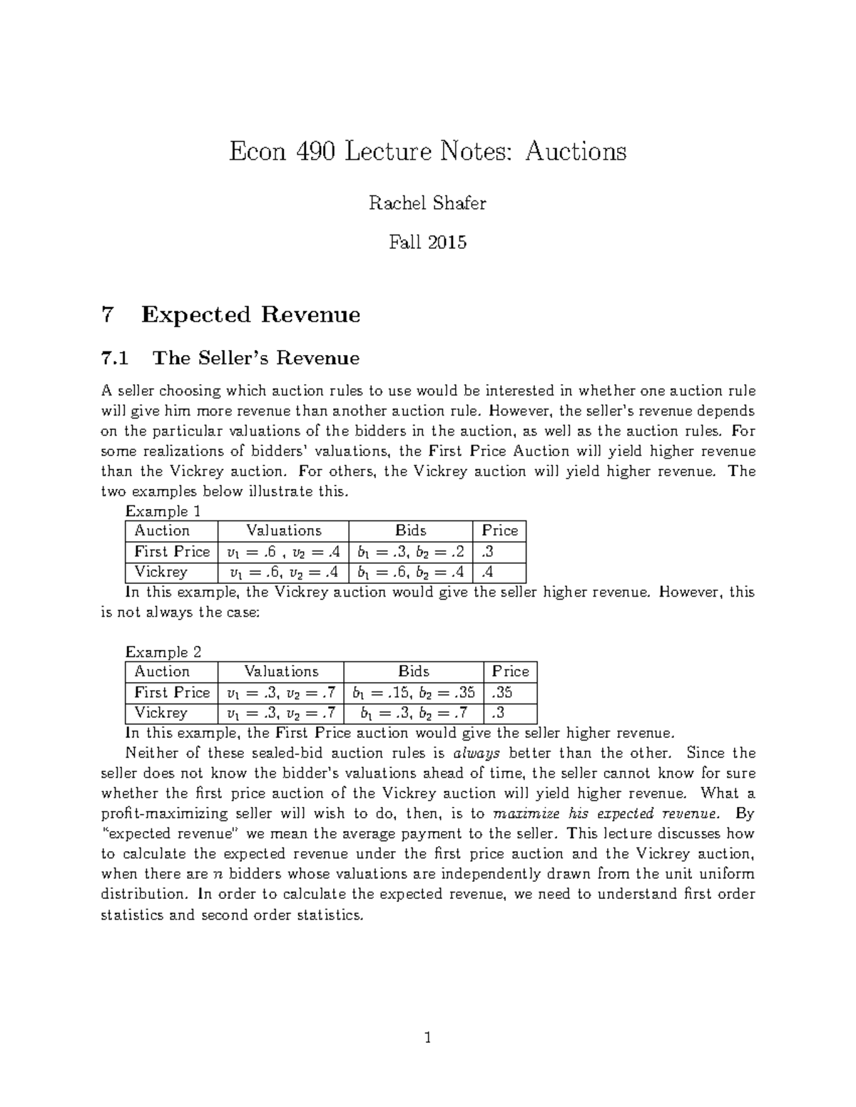 Lecture Notes 7 12 Fall 2015 - Econ 490 Lecture Notes: Auctions Rachel ...