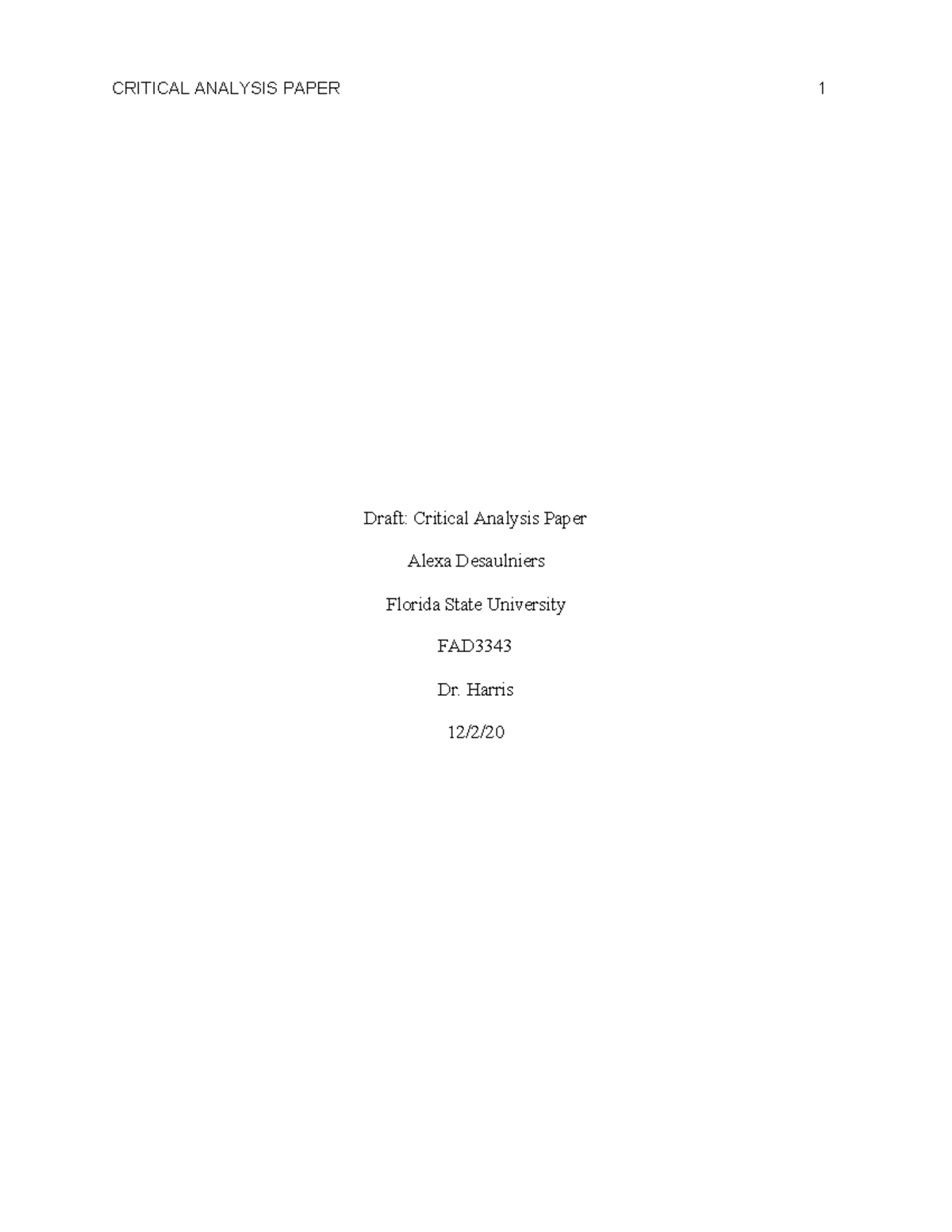 Final Draft Critical Analysis Paper -2 - Draft: Critical Analysis Paper ...