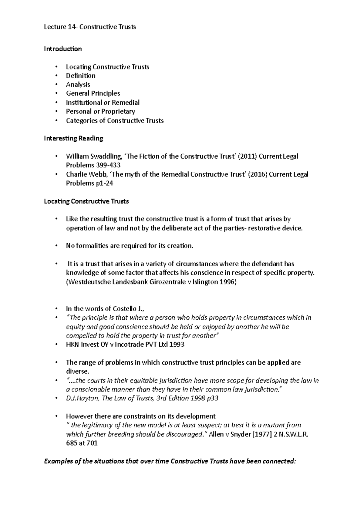 Lecture 14- Constructive Trusts - Introduction Locating Constructive Trusts Definition Analysis ...