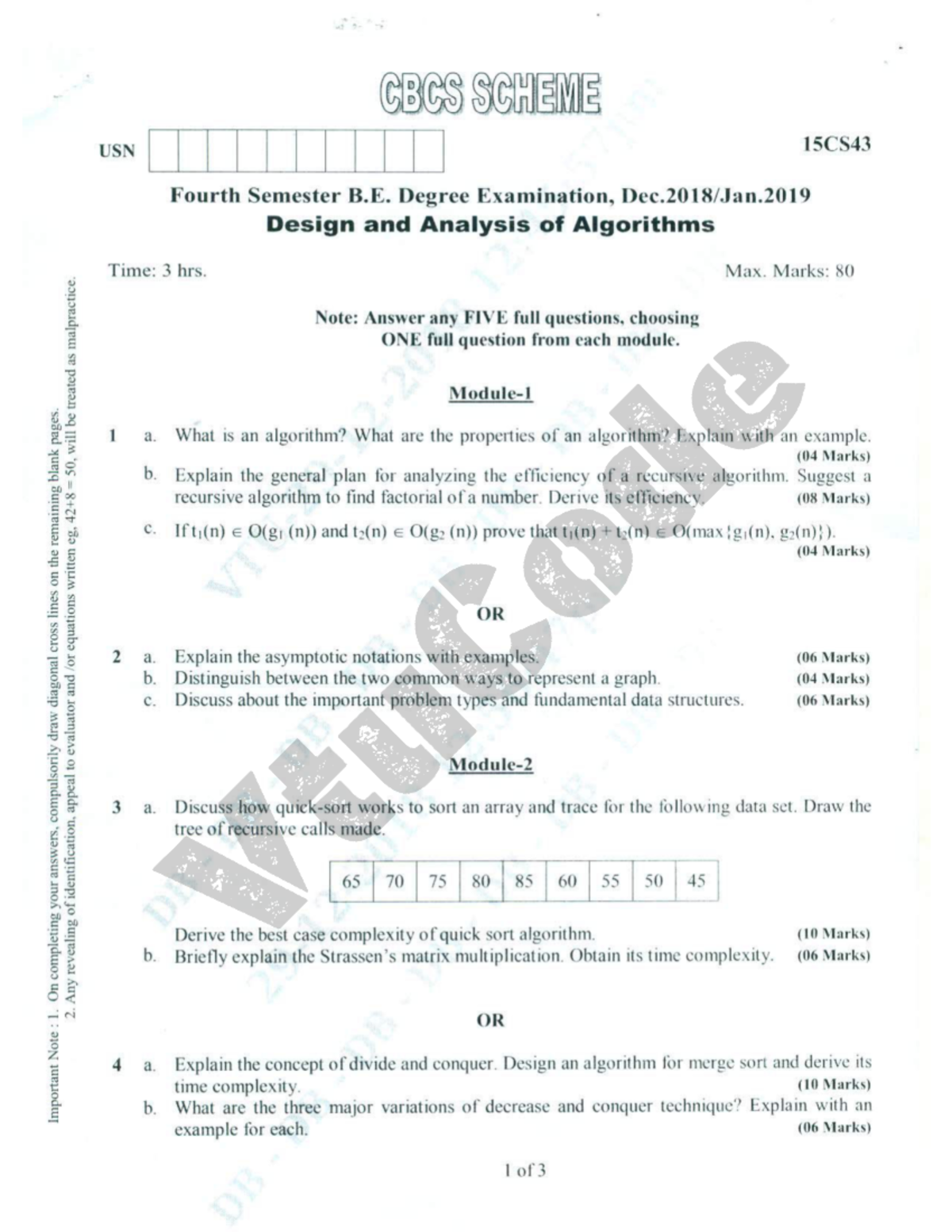 ADA previous year papers - CBCS SCHEME USN 15CS43 Fourth Semester B. Degree Examination, Design ...