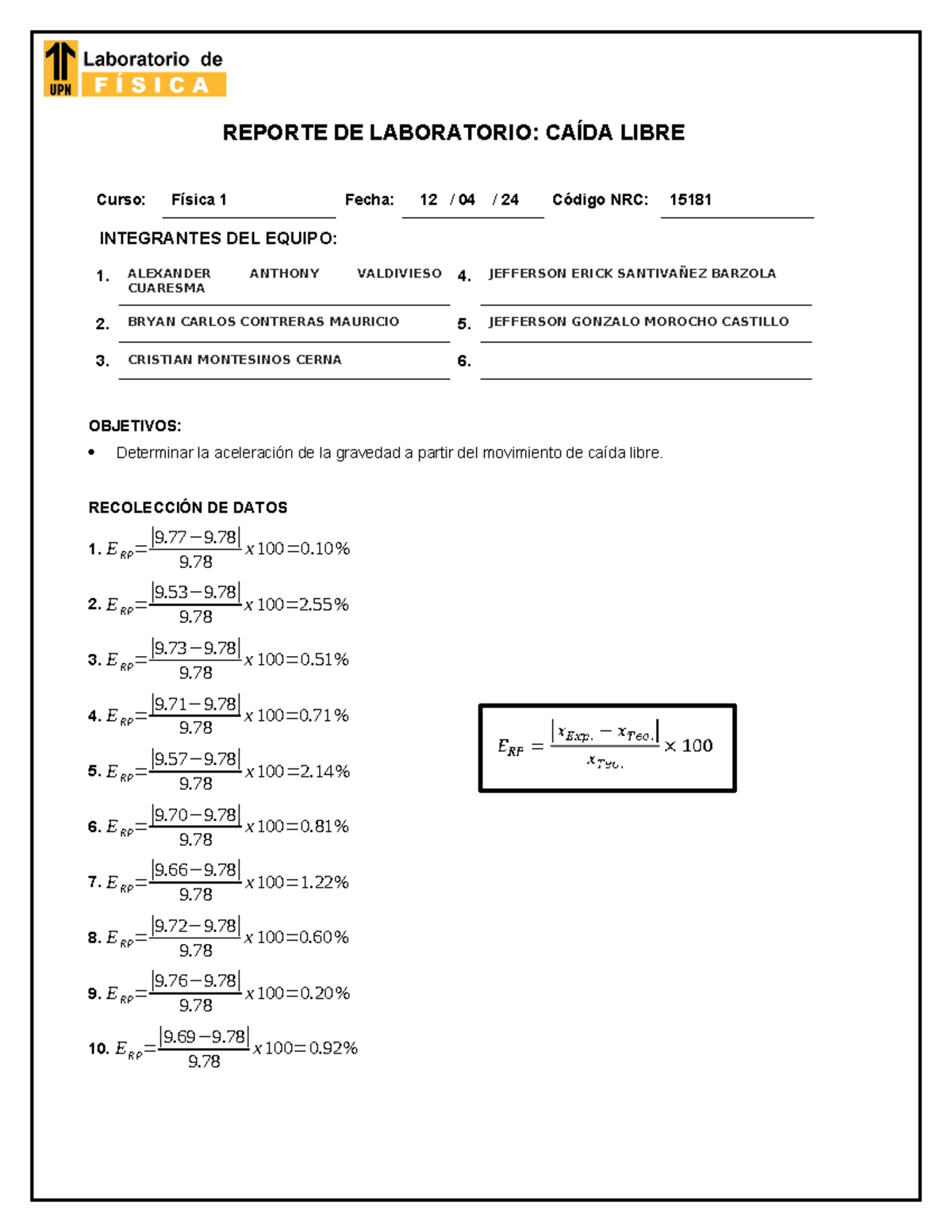 Reporte LAB FISI1 S03 CL 2024 (2) - REPORTE DE LABORATORIO: CAÍDA LIBRE Curso: Física 1 Fecha ...