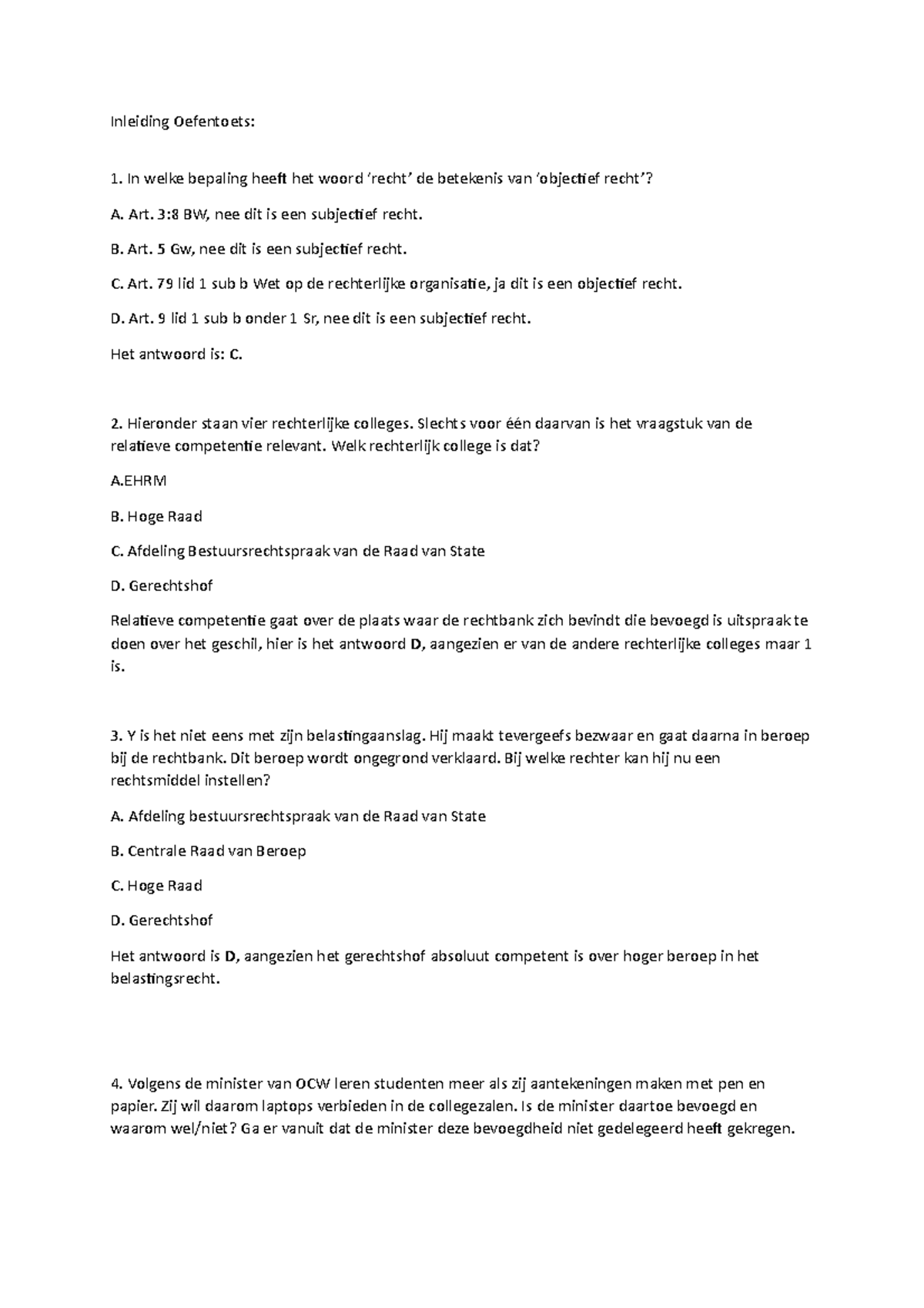 Inleiding Tutoraat Oefentoets + Antwoorden - Inleiding Oefentoets: In ...