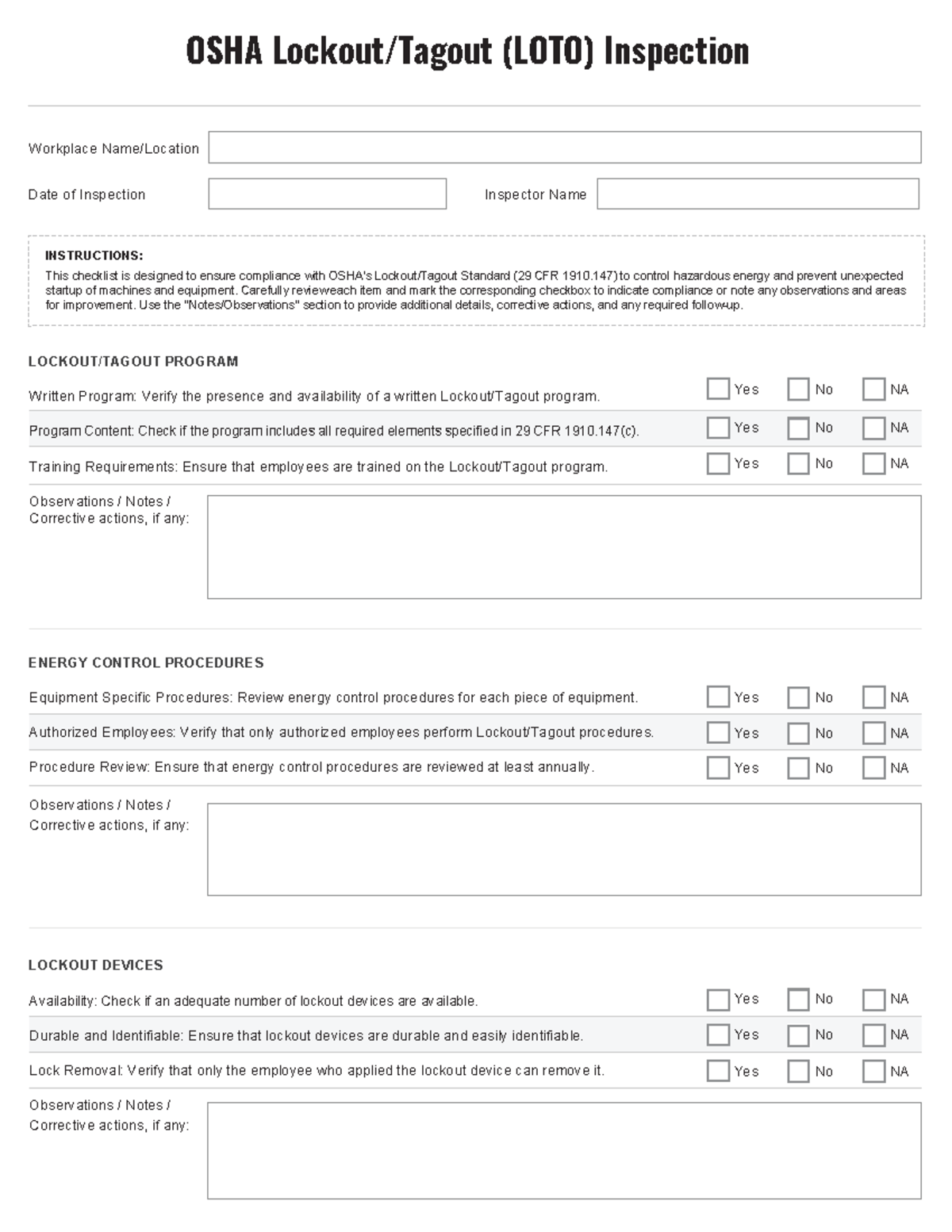 OSHA Lockout Tagout Inspection - Workplace Name/Location Date of ...