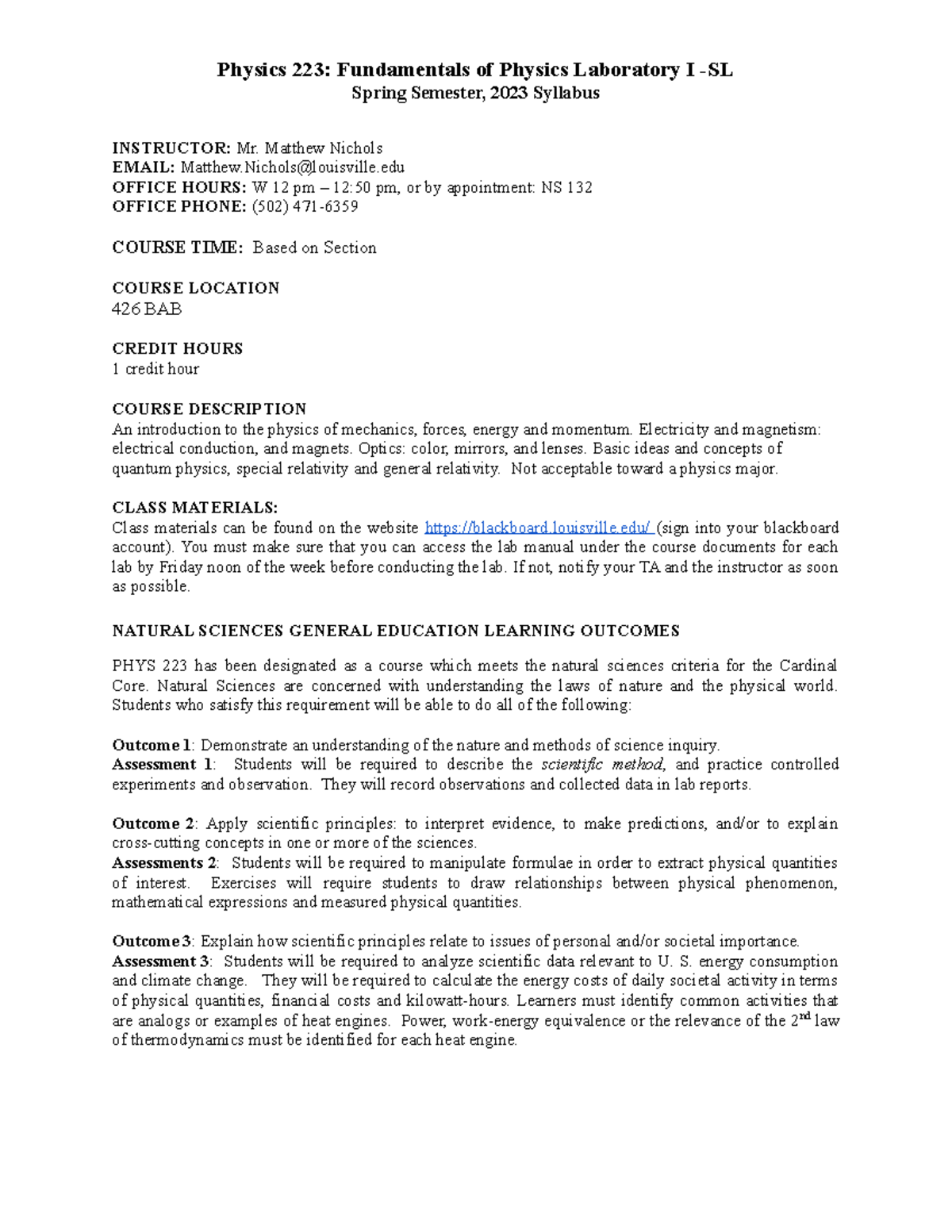 PHYS 223 Syllabus SP23 (1) - Physics 223: Fundamentals of Physics ...
