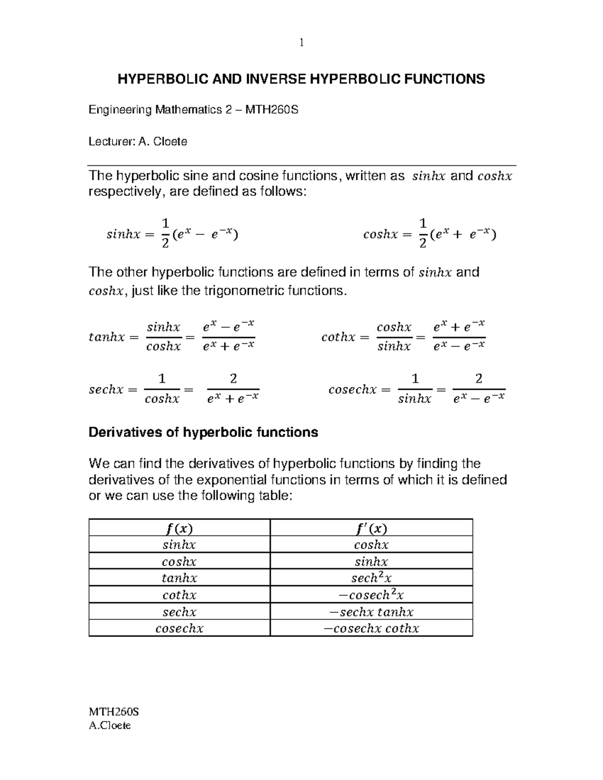 Hyperbolic and inv hyp Notes - MTH260S HYPERBOLIC AND INVERSE ...