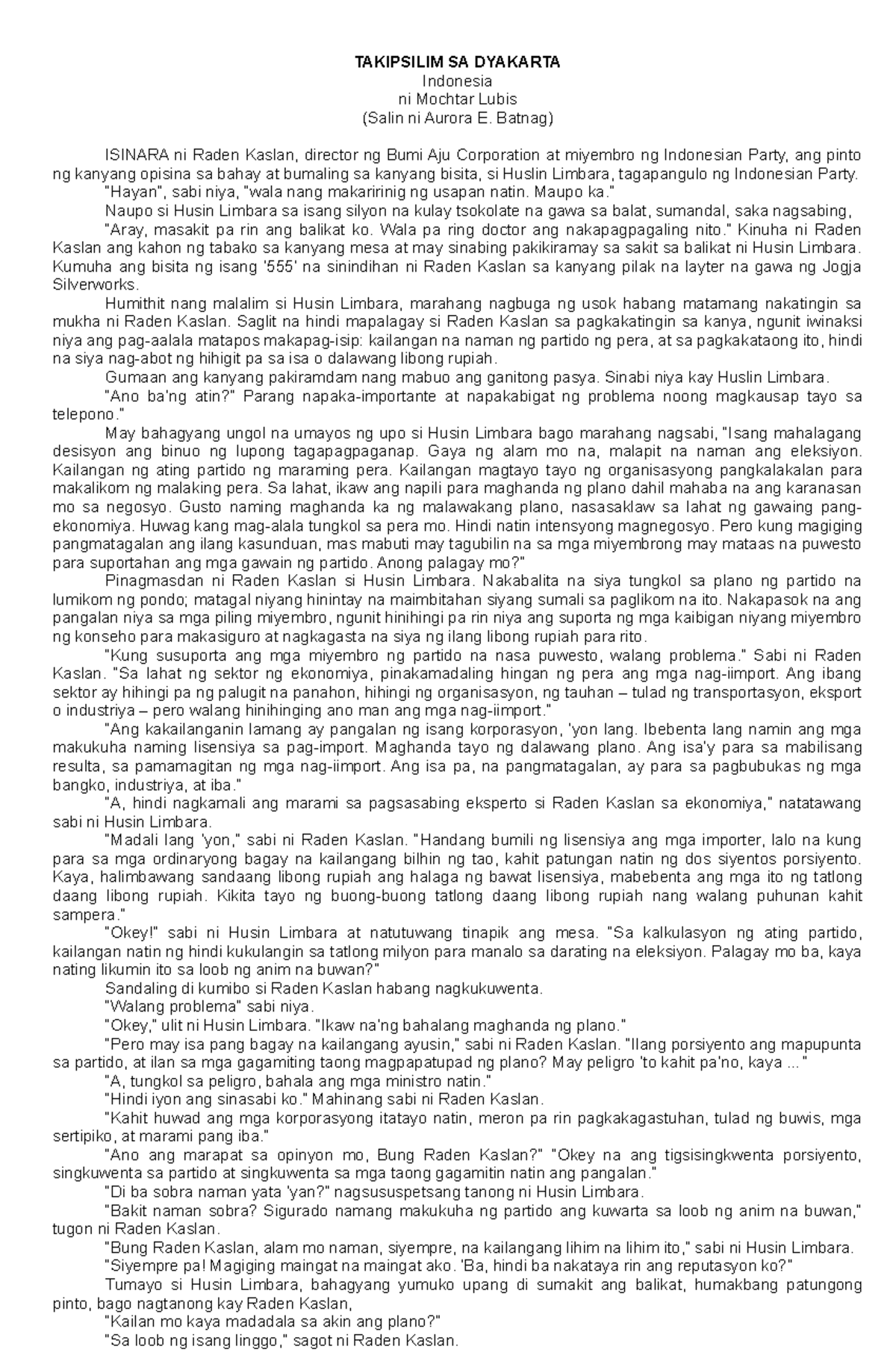 Takipsilim SA Dyakarta - TAKIPSILIM SA DYAKARTA Indonesia ni Mochtar Lubis (Salin ni Aurora E ...