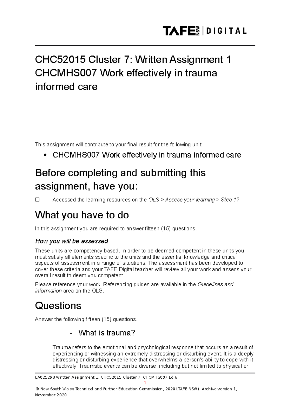 LA025298 Written Asst 1 Chcmhs 007 - CHC52015 Cluster 7: Written Assignment 1 CHCMHS007 Work ...