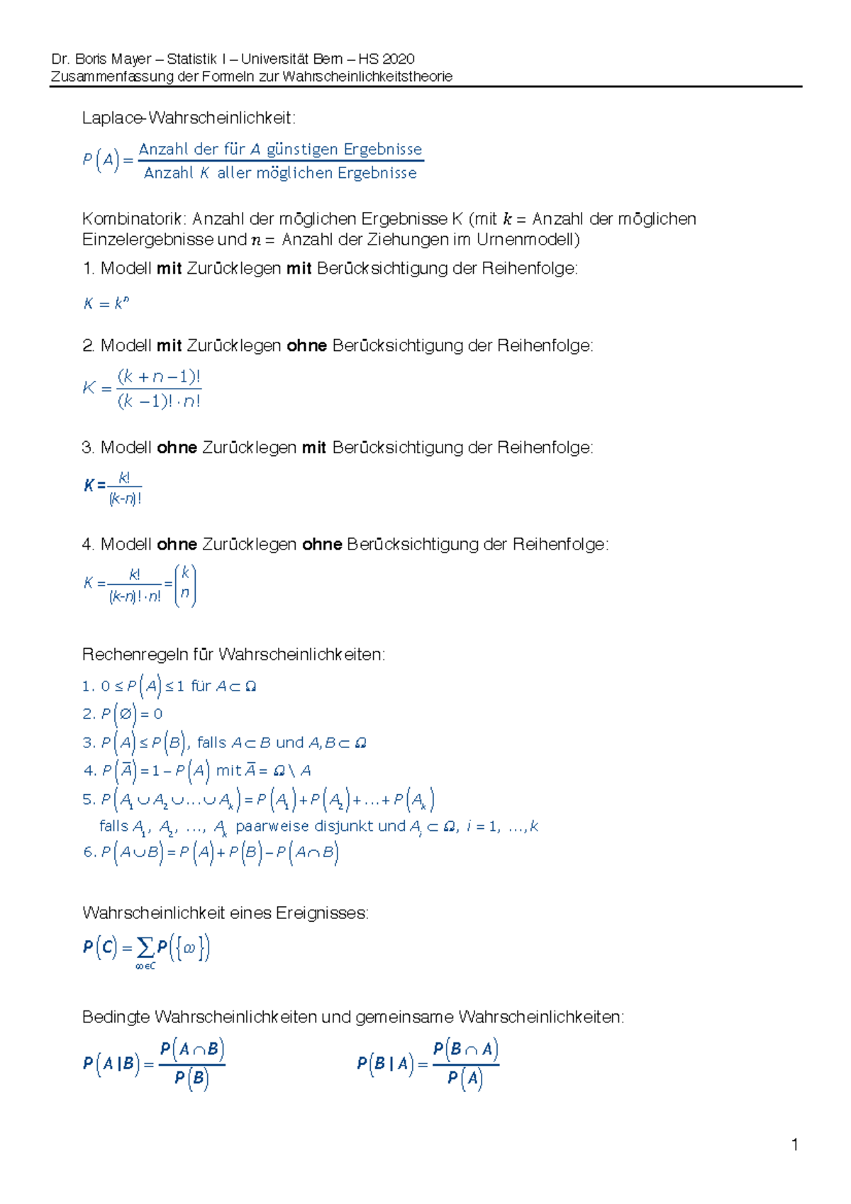 Formelblatt Wahrscheinlichkeitsrechnung für Statistik l - Dr. Boris ...
