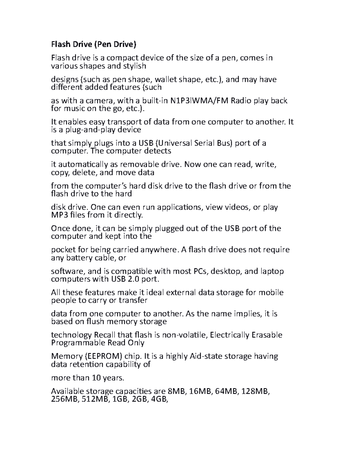 Flash Drive (Pen Drive) notes - Flash Drive (Pen Drive) Flash drive is ...