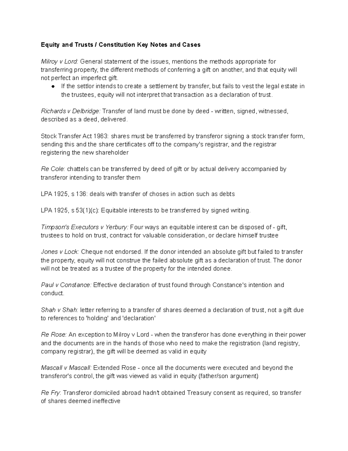 Equity and Trusts Constitution Key Notes and Cases - If the settlor ...