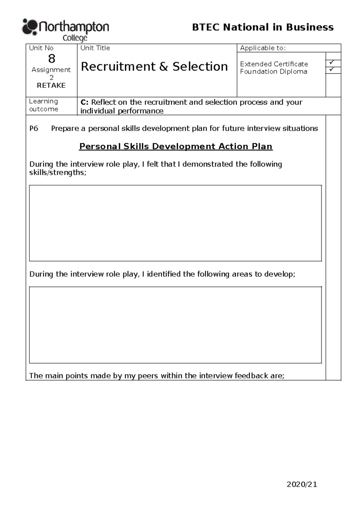 Unit 8 - Retake - task 2 - P6 Develop plan - BTEC National in Business ...