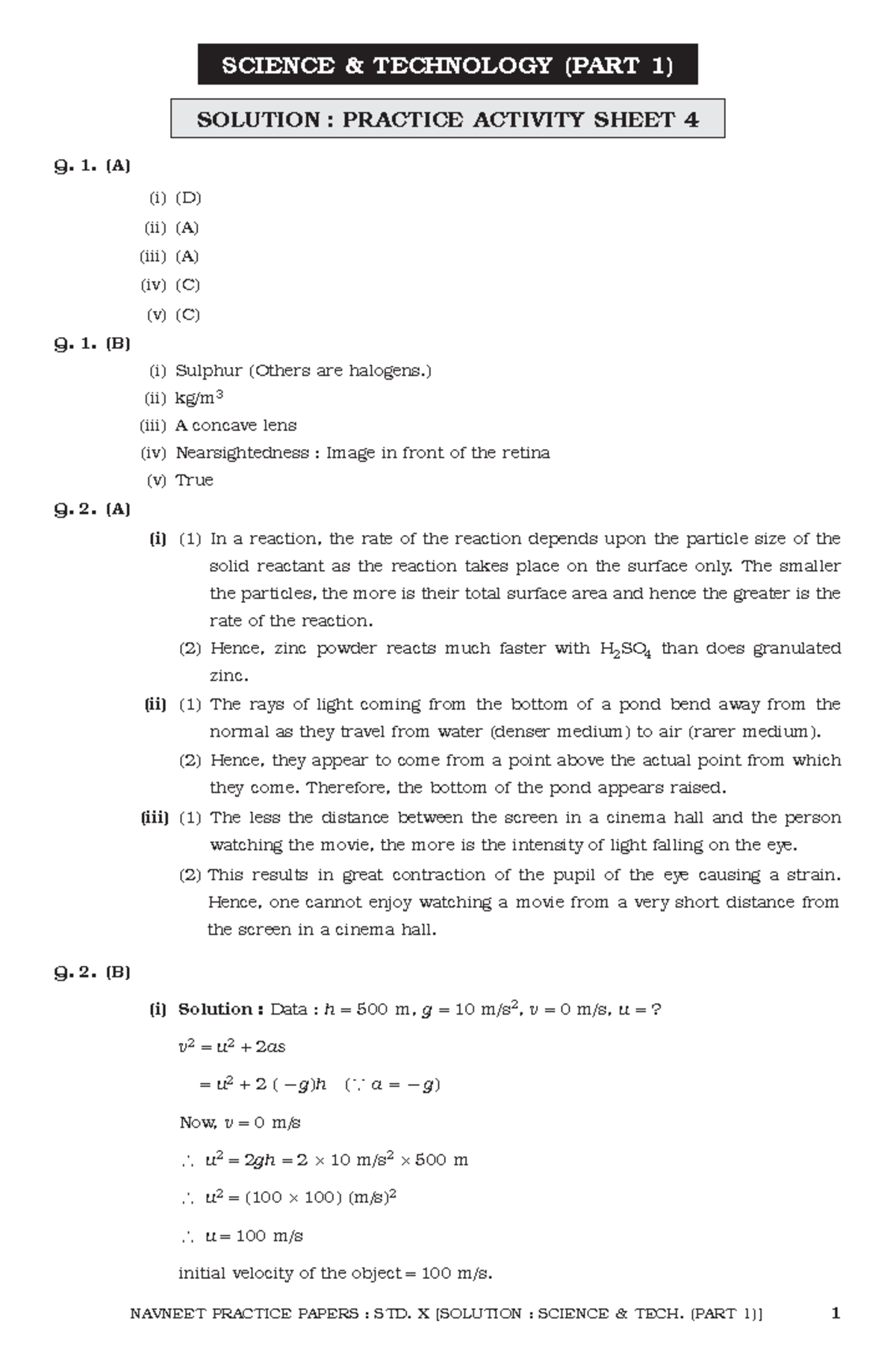 MQP ANS 04 01 - SCIENCE & TECHNOLOGY (PART 1) SOLUTION : PRACTICE ACTIVITY SHEET 4 Q. 1. (A) (i ...