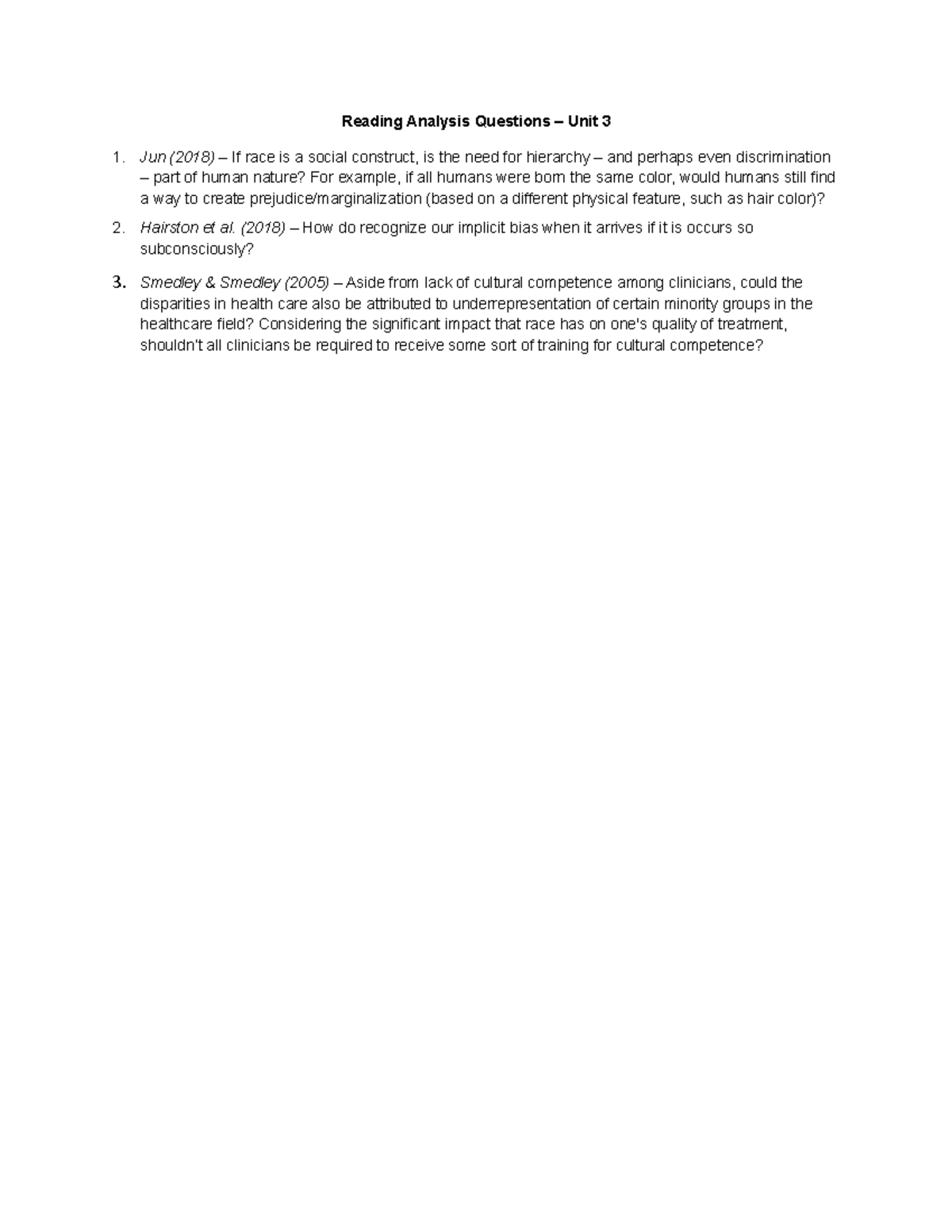 Reading Analysis Questions – Unit 3 - Reading Analysis Questions – Unit ...