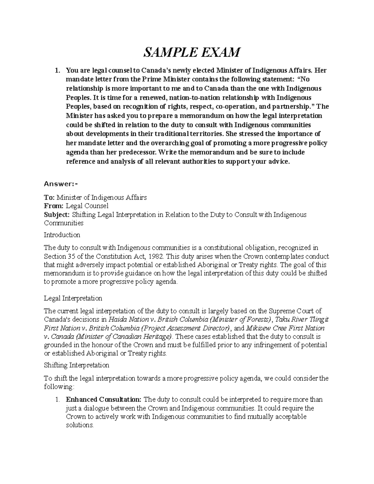 Sample exam Solved - Foundation of Canadian Law - SAMPLE EXAM You are ...