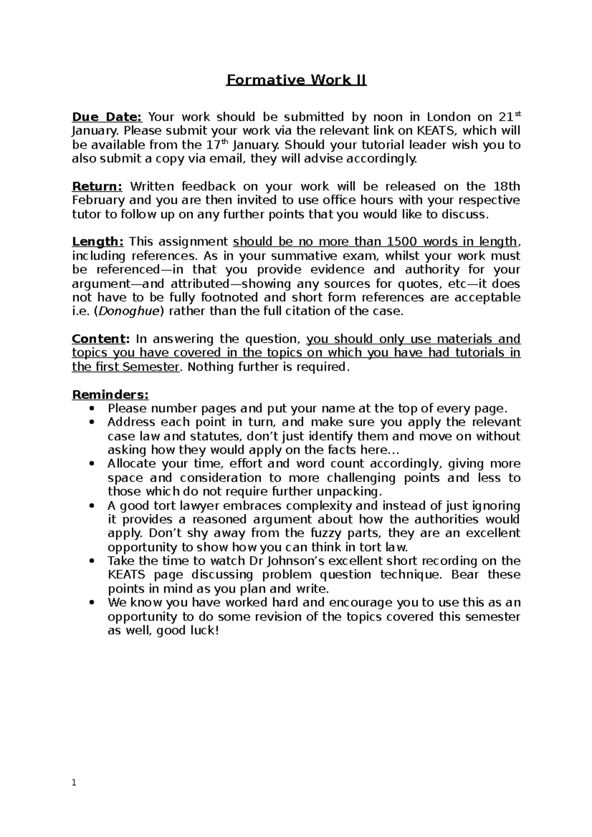 Tort Formative II - Formative Work II Due Date: Your work should be ...