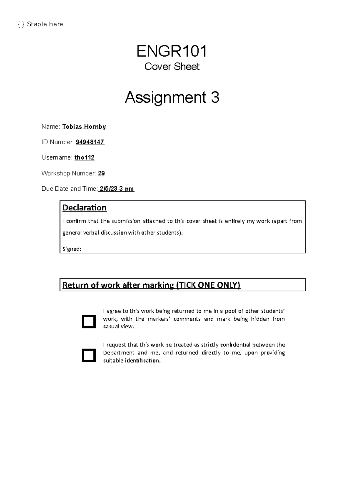 Assignment 3 Submission. - {} Staple here ENGR Cover Sheet Assignment 3 ...