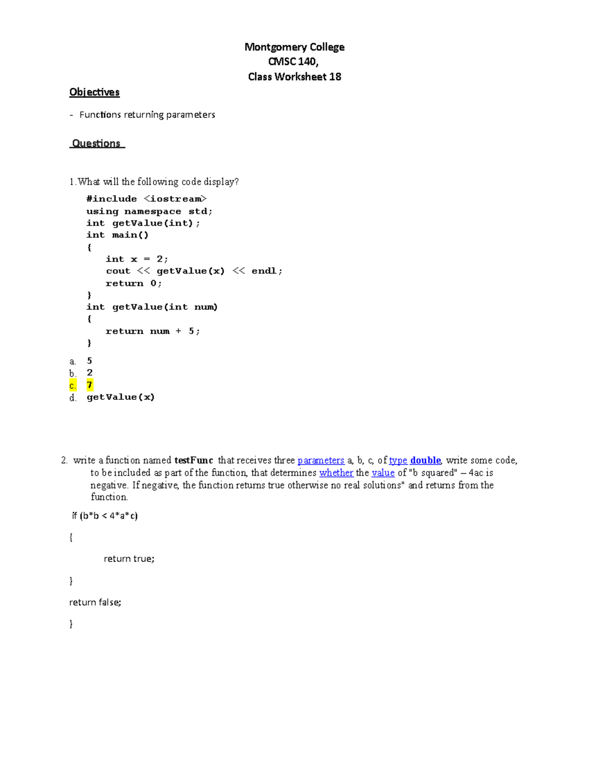 W18 - worksheet 18 - Montgomery College CMSC 140, Class Worksheet 18 ...