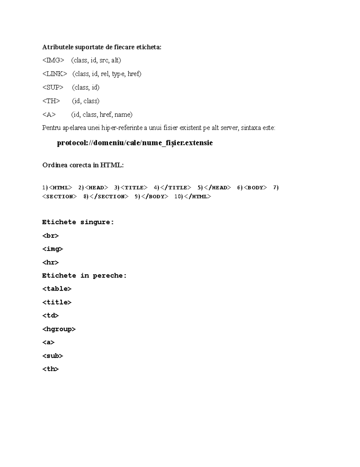 Atributele suportate de fiecare eticheta - Atributele suportate de ...