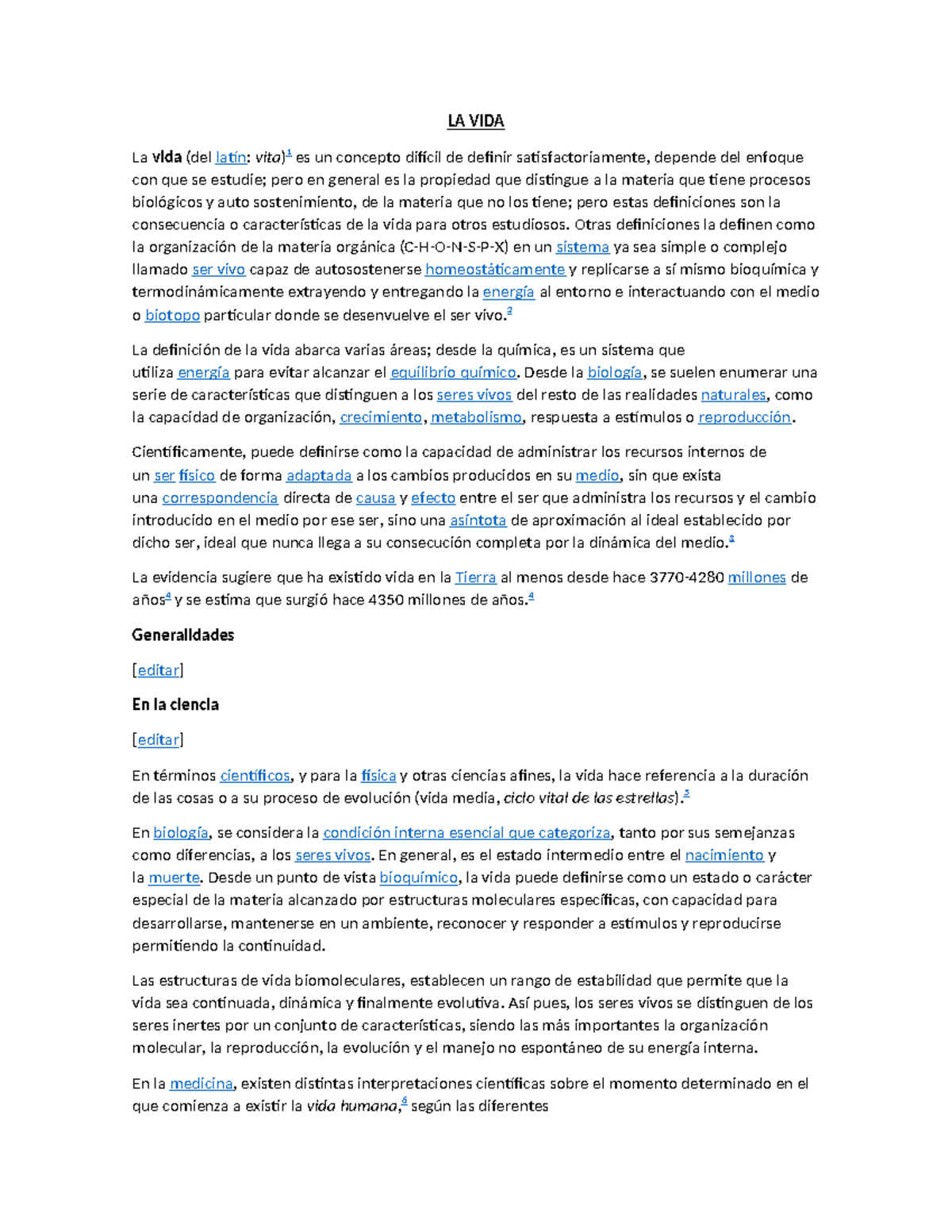 LA VIDA - UNA BASE DE APOYO - LA VIDA La vida (del latín: vita) 1 es un ...