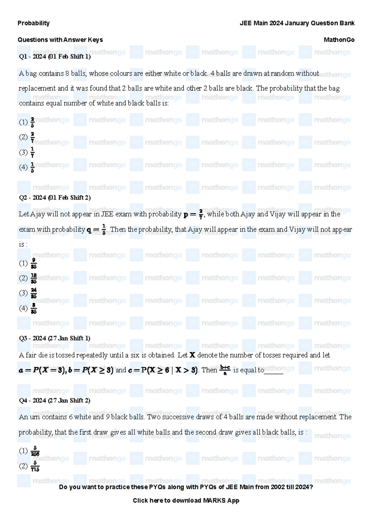 Probability - JEE Main 2024 January Question Bank - Mathon Go - Q1 ...