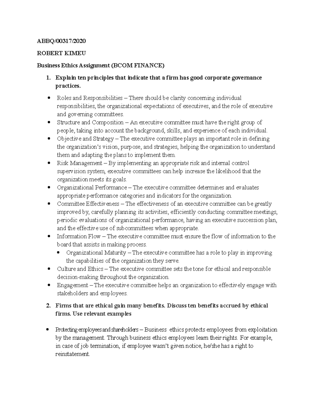Business Ethics Assignment - ABBQ/00317/ ROBERT KIMEU Business Ethics Assignment (BCOM FINANCE ...