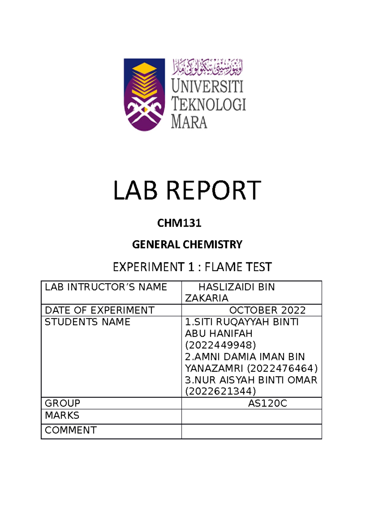 LAB Report Experiment 1 2022 - LAB REPORT CHM GENERAL CHEMISTRY ...