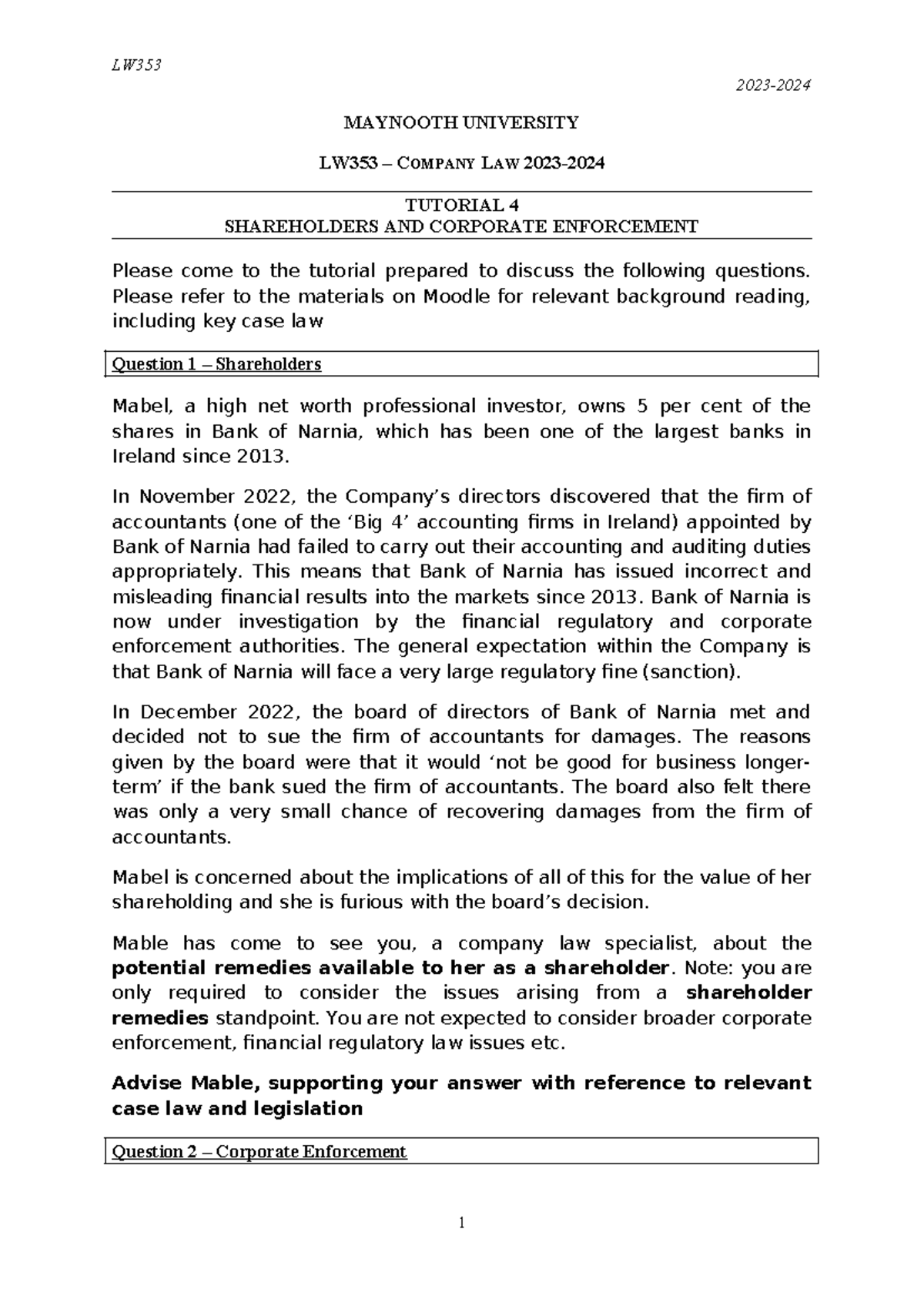LW353 Tutorial 4 Questions - LW 2023- MAYNOOTH UNIVERSITY LW353 – COMPANY LAW 2023- TUTORIAL 4 ...