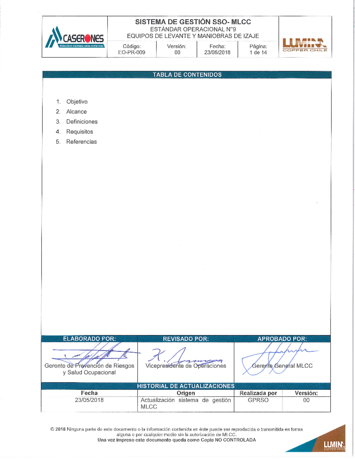 EO-PR-009 Equipos de Levante y Maniobras de Izaje - ESTÁNDAR OPERACIONAL N° EQUIPOS DE LEVANTE Y ...