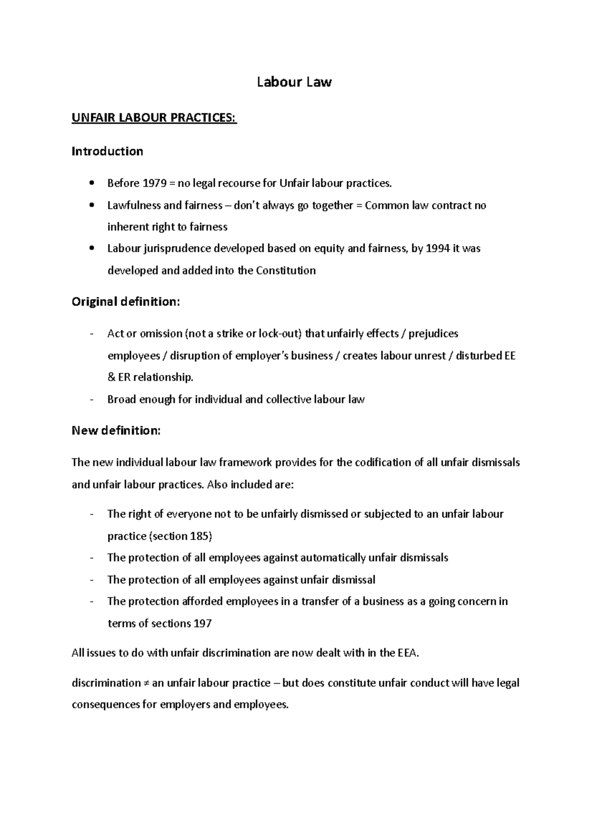 Labour LAW Notes - Labour Law UNFAIR LABOUR PRACTICES: Introduction ...