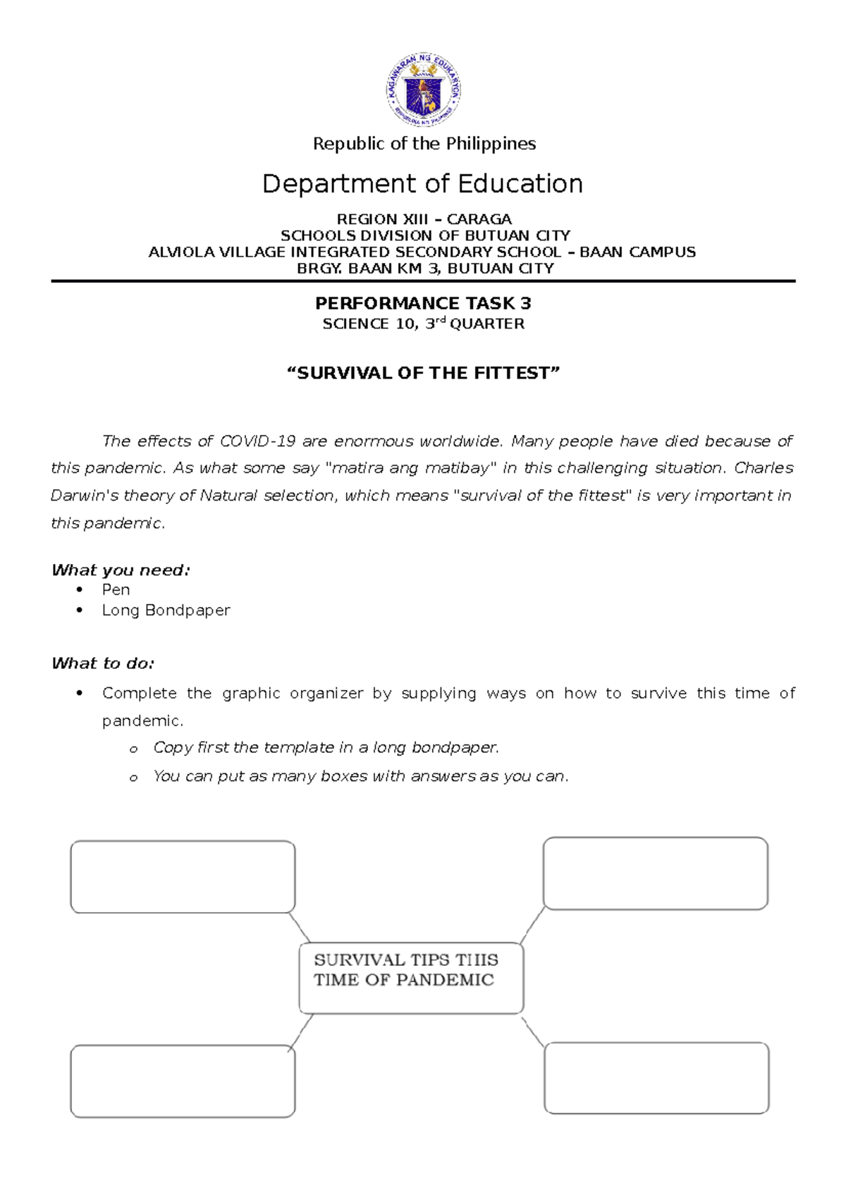 503391285 Performance Task 3 Science q3 Grade 10 - Republic of the ...